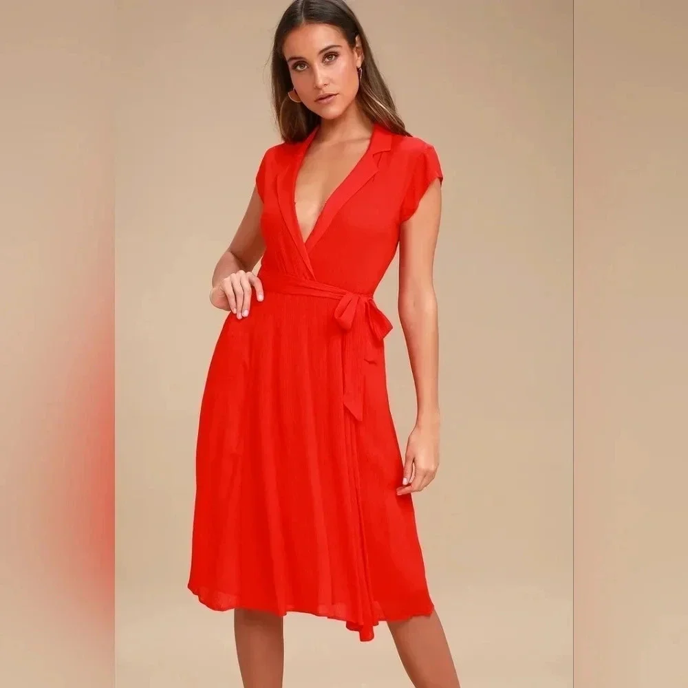 Lulus | Dresses | Lulus Always Adored Red Surplice Midi Dress Xs Party ...